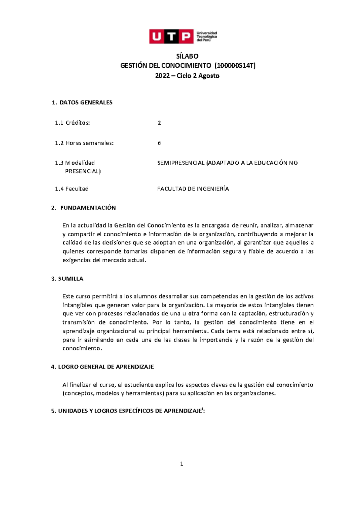 Sílabo 100000 S14T: Gestión del Conocimiento - Ciclo II 2022 - Studocu