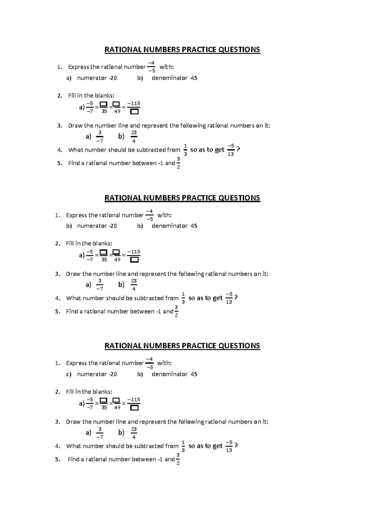 RATIONAL NUMBERS PRACTICE QUESTIONS - Exercises and Solutions - Studocu