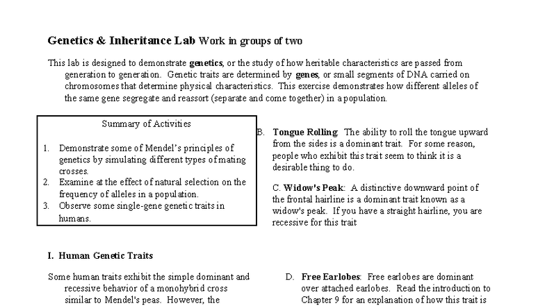 Genetics & Inheritance Lab (BIO 101) - Group Activities & Observations ...