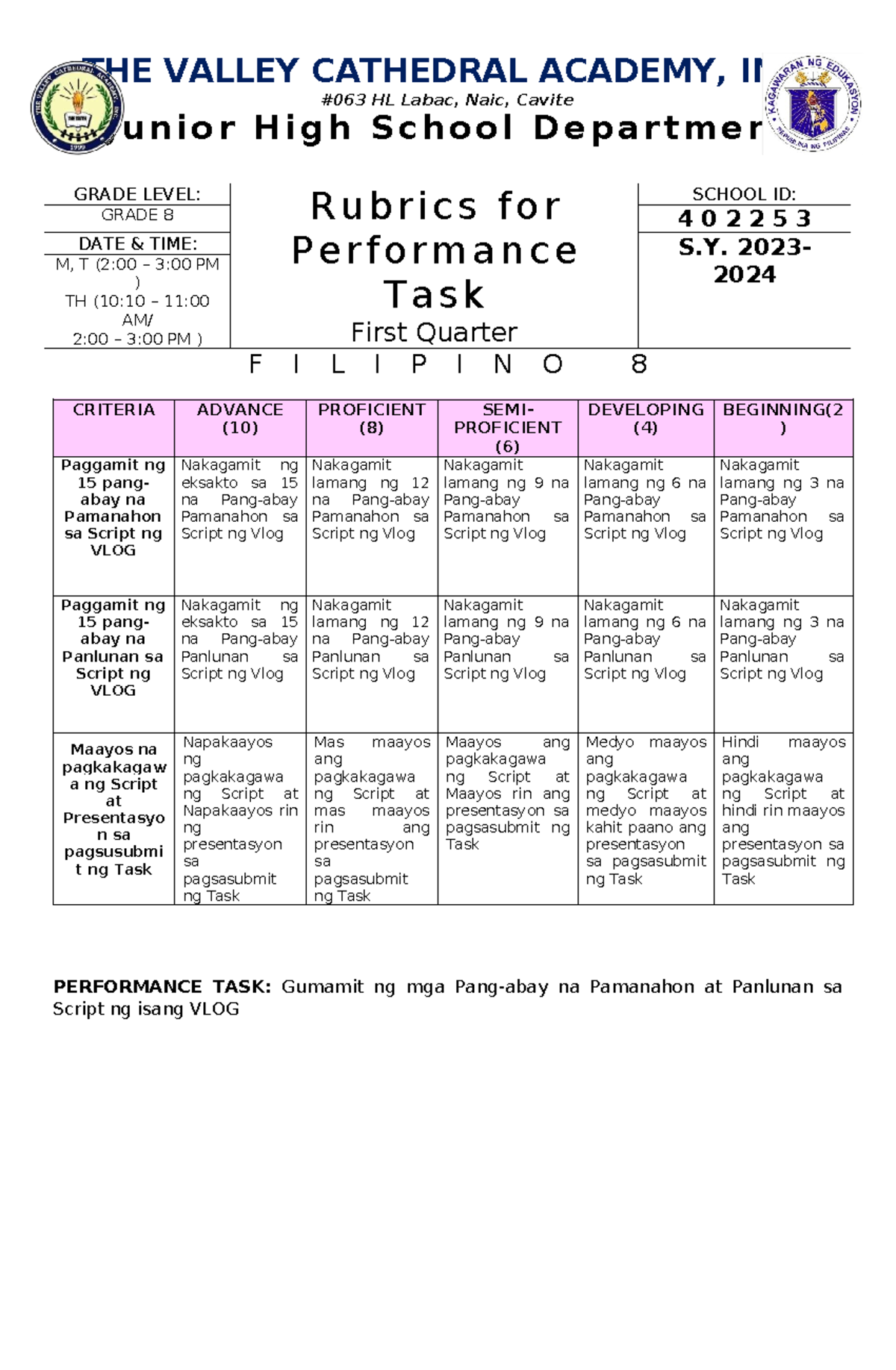 Rubrics for Performance Task in Filipino 8 - First Quarter - Studocu