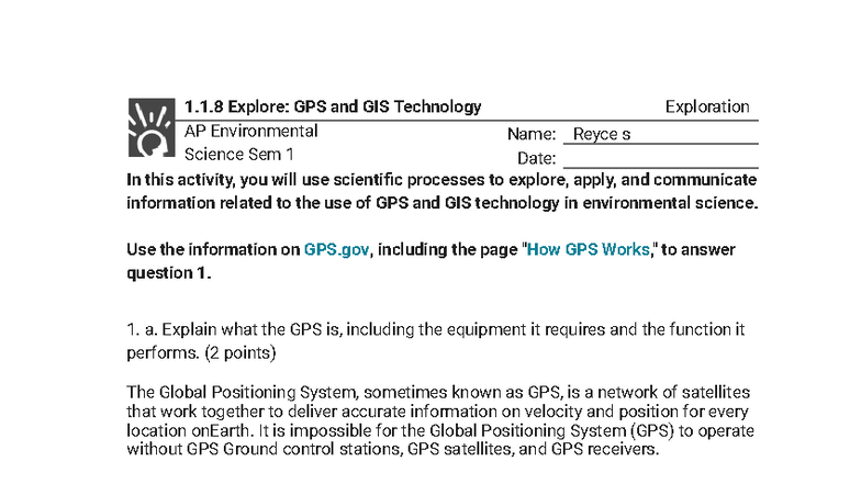 1.1.8 Explore: GPS & GIS Tech in Environmental Science AP Enviro - Studocu