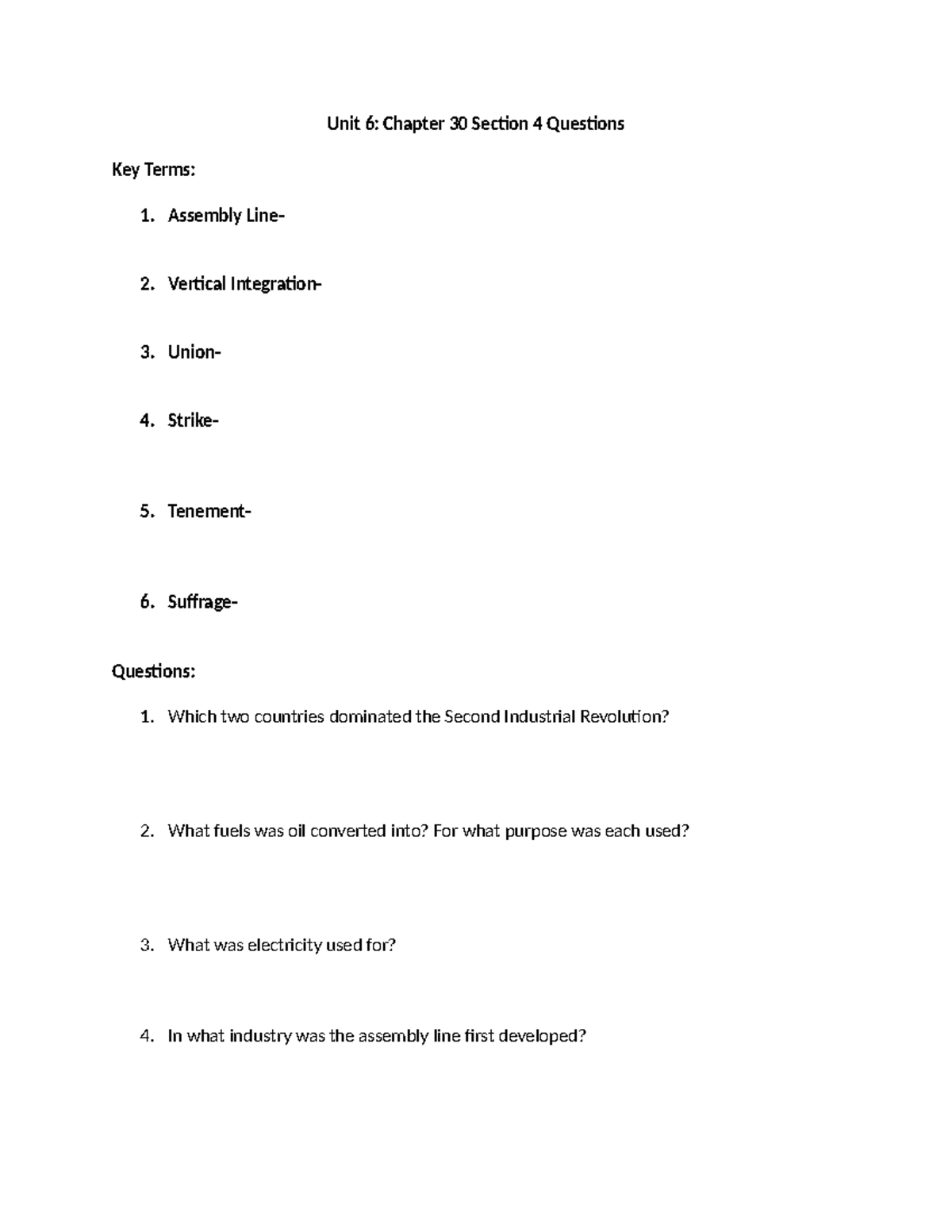 Unit 6: Chapter 30 Sec 4 Key Terms & Questions on Industrial Rev - Studocu