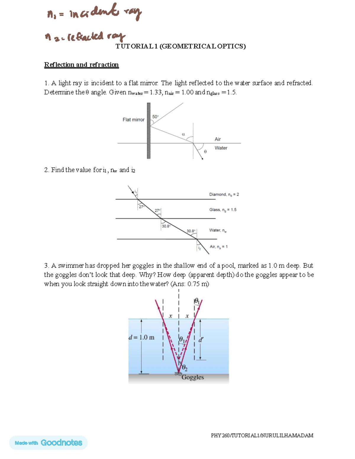 TUTORIAL 1 (GEOMETRICAL OPTICS): Reflection, Refraction & Lenses - Studocu