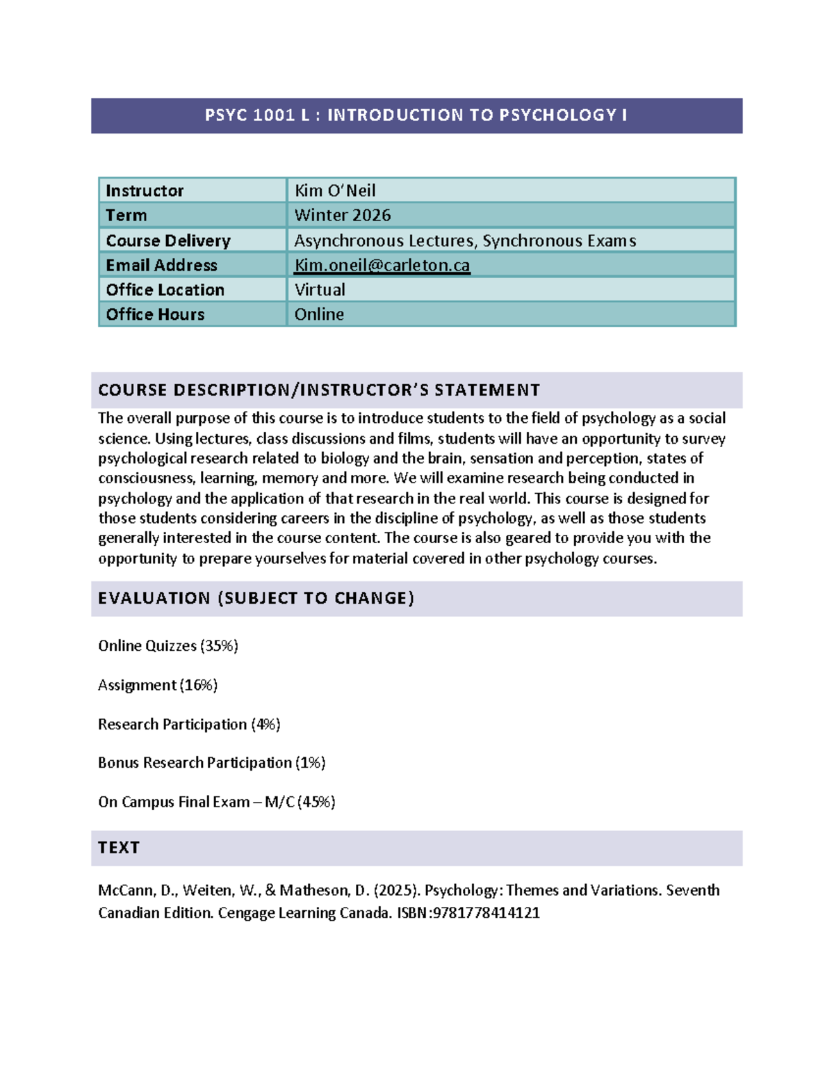 PSYC 1001 L: Intro to Psychology I Course Overview & Evaluation - Studocu