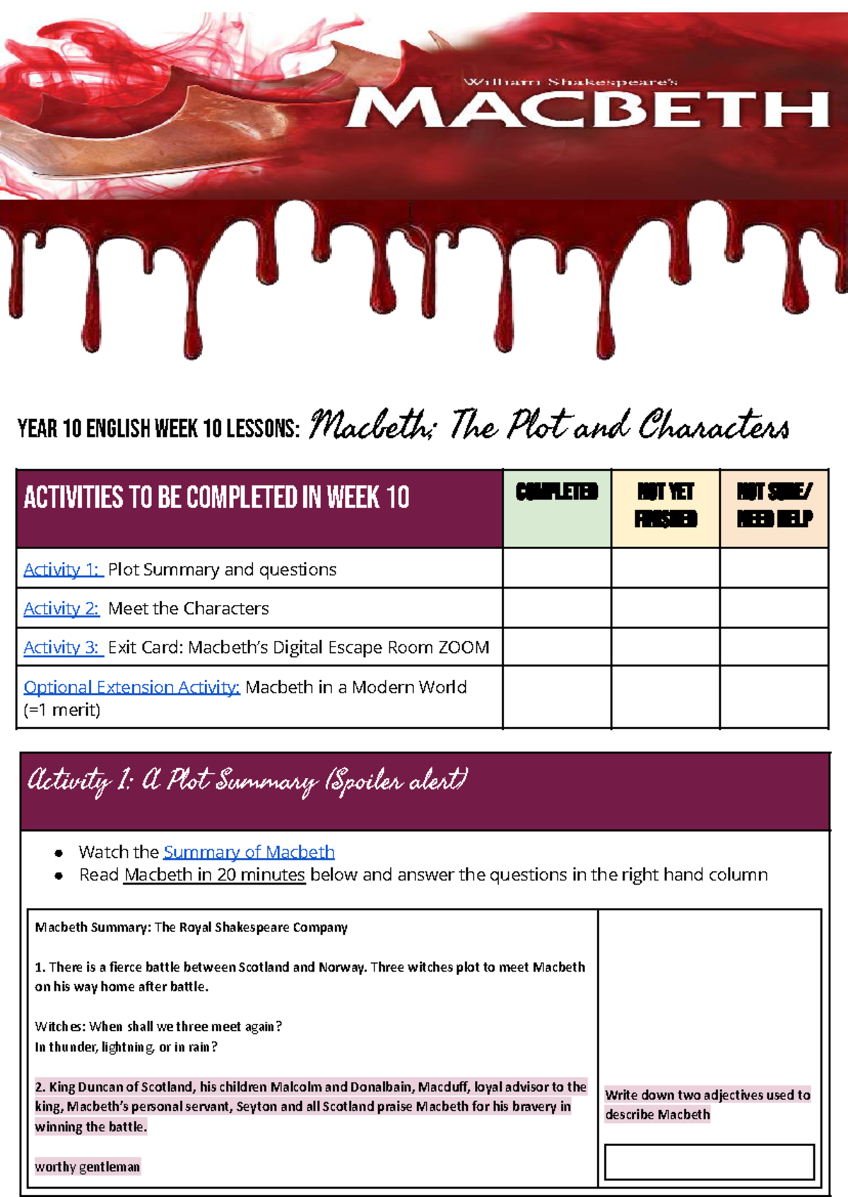 Week 10 Year 10 English: Macbeth Plot & Character Activities - Studocu