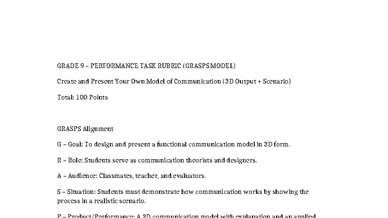 GRADE 9 PERFORMANCE TASK RUBRIC: 3D Communication Model (GRASPS) - Studocu