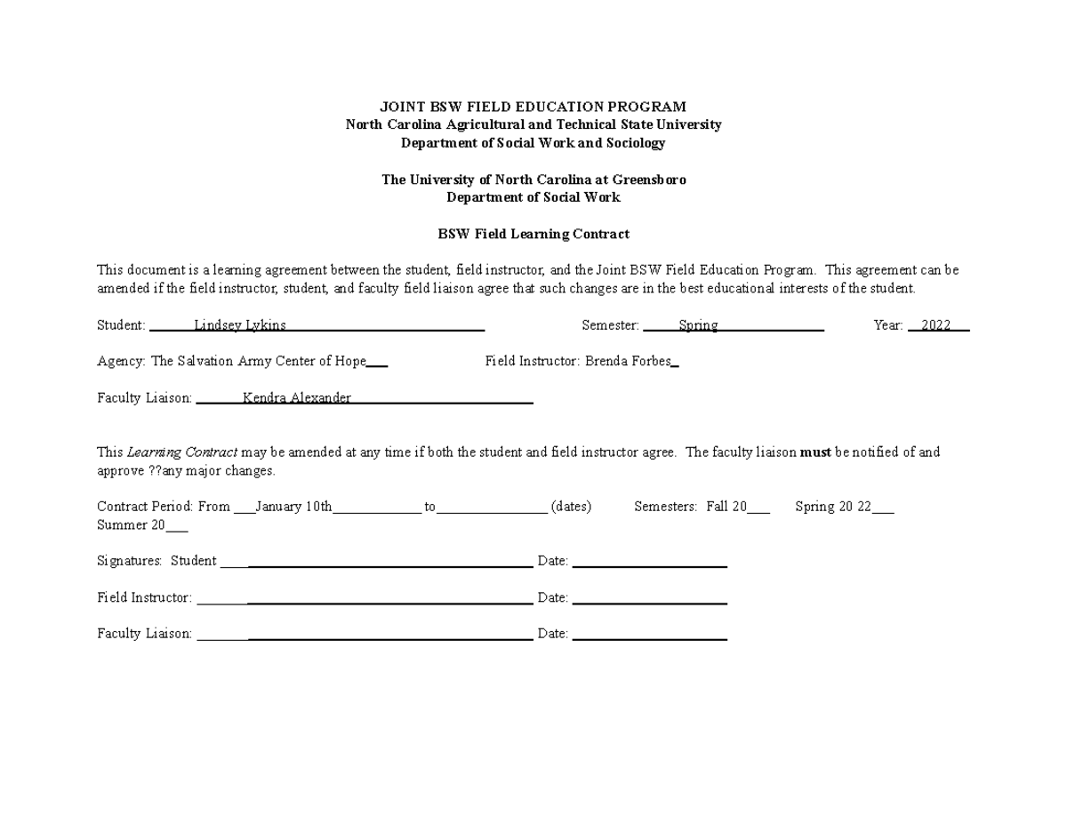 BSW Learning Contract - Spring 2022 at NC A&T & UNCG Collaboration ...