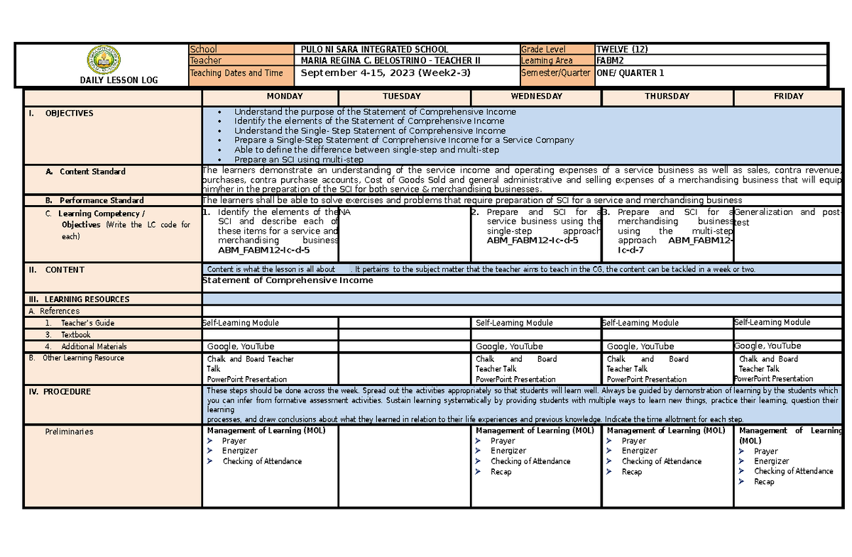 FABM2 Q1 W2-3 - DLL - DAILY LESSON LOG School PULO NI SARA INTEGRATED SCHOOL Grade Level TWELVE ...