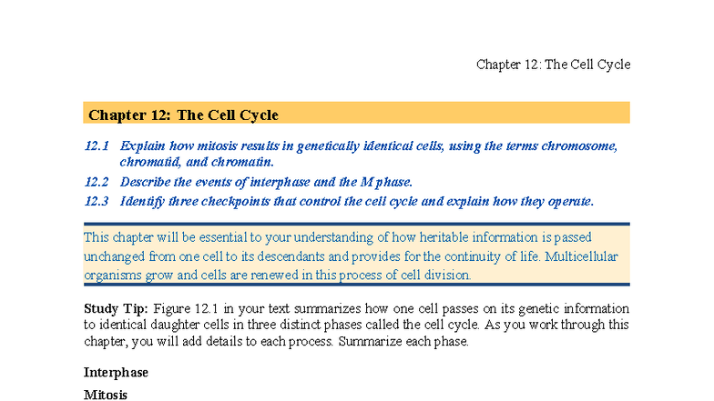 CELL Cycle Chapter 12: Mitosis, Interphase & Checkpoints - Studocu