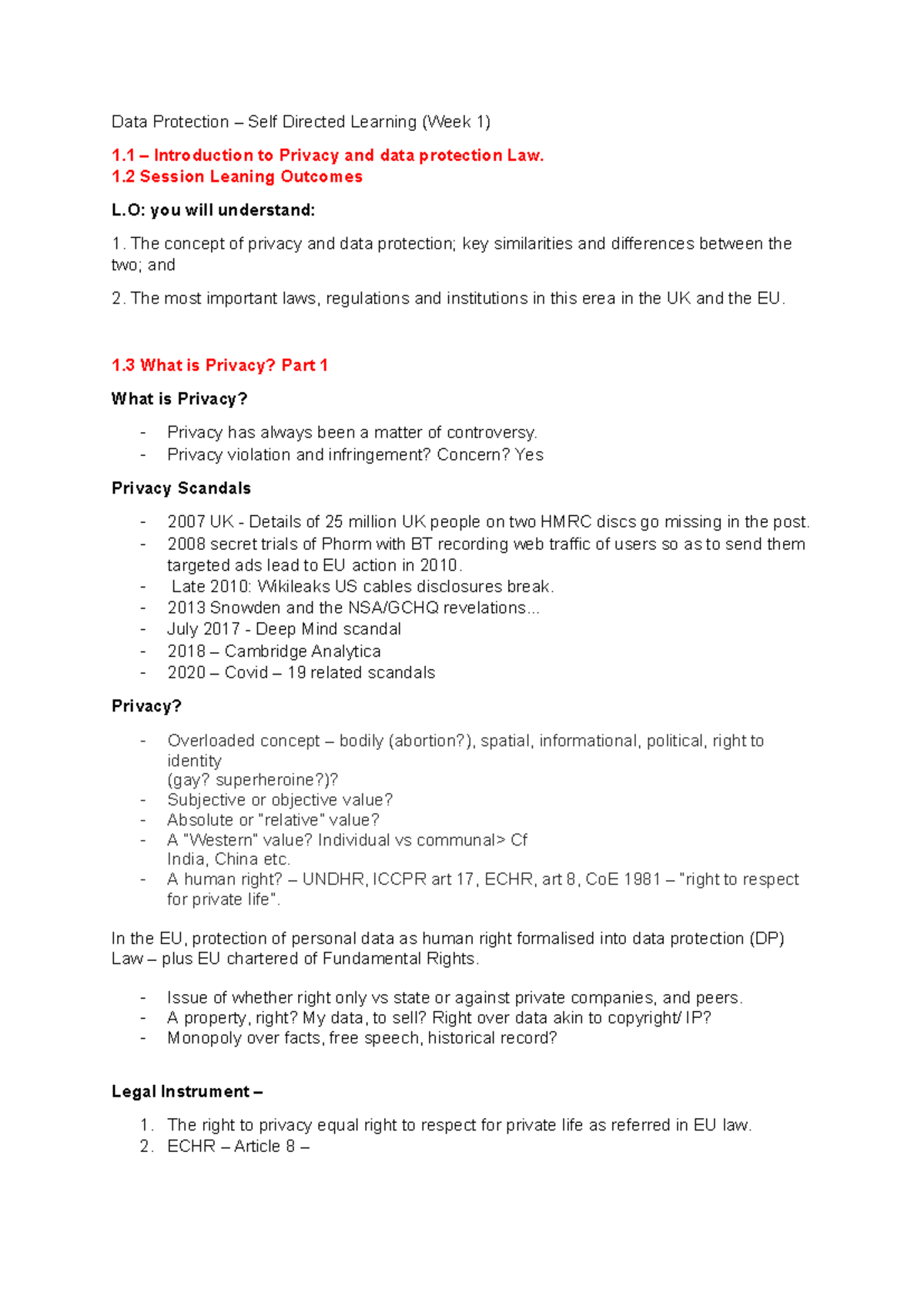 Data Protection - Lecture 1 Notes - Data Protection – Self Directed ...