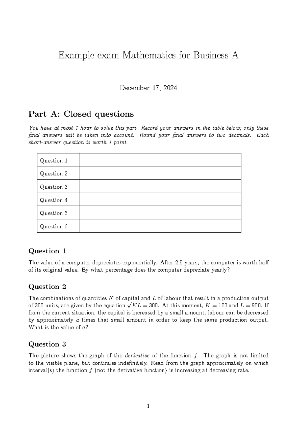 Math A Example exam 2025 part A - Example exam Mathematics for Business ...