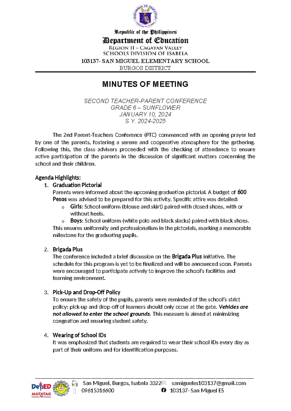 2nd Parent Teacher Conference- Minutes OF Meeting - 103137- SAN MIGUEL ...