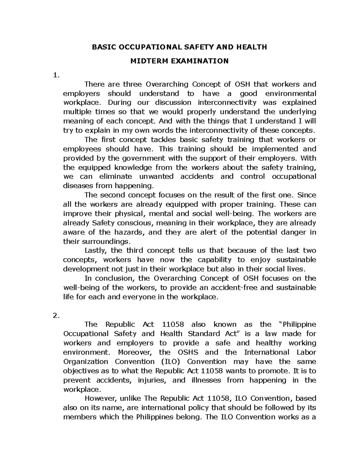 BOSH Midterm Exam Sample Essay: Understanding OSH Concepts - Studocu