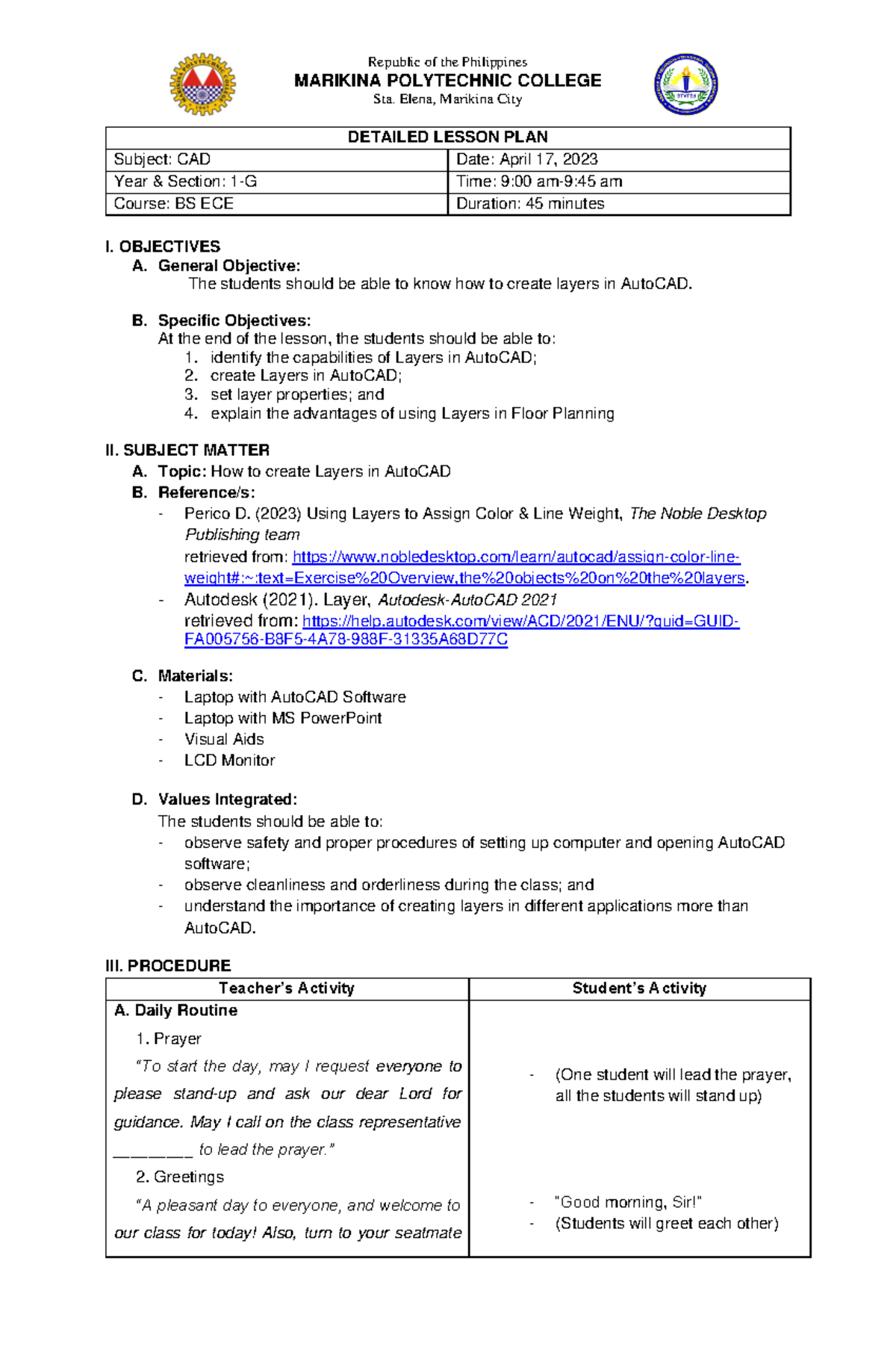 lesson Exemplar Sample template - Republic of the Philippines MARIKINA POLYTECHNIC COLLEGE Sta ...