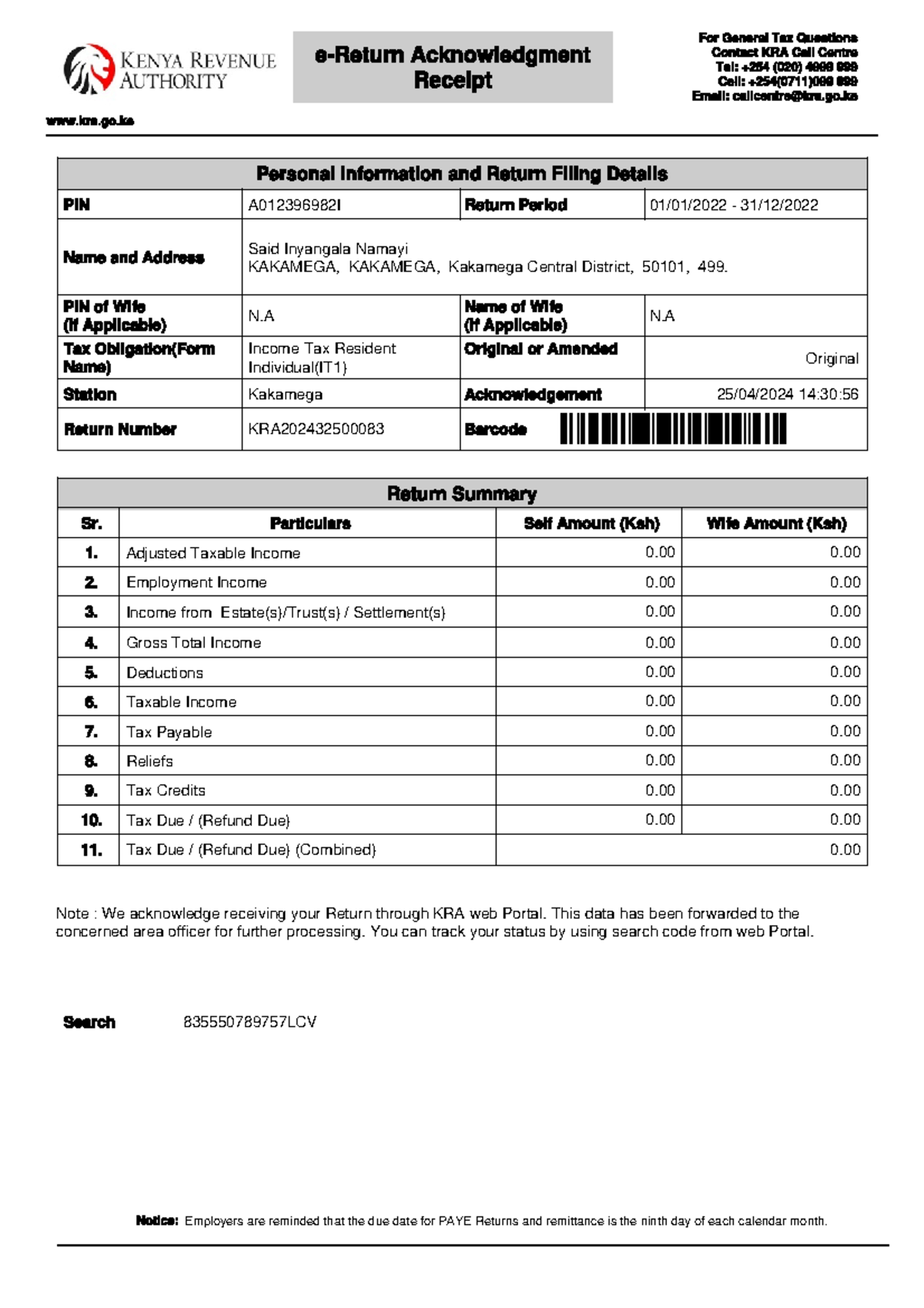 KRA Tax e-Return Acknowledgment Receipt - A012396982I Valid thru 2024 ...