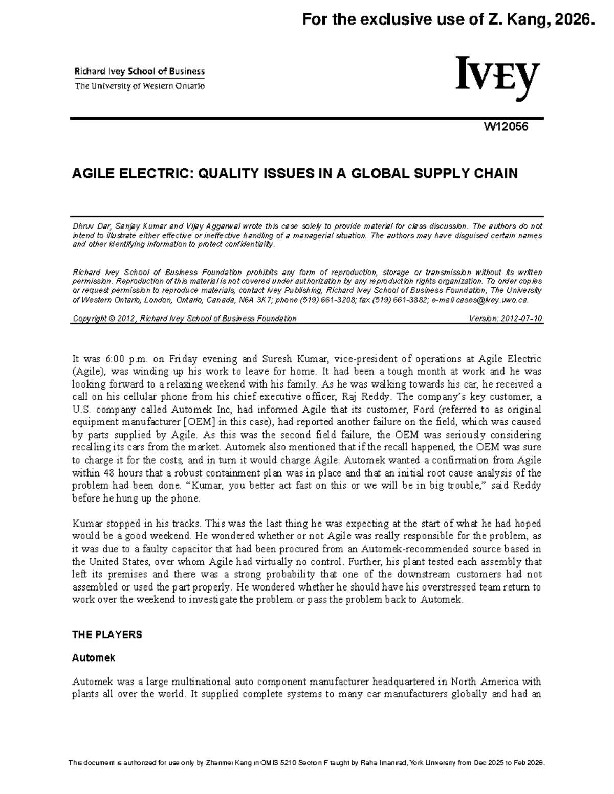 OMIS 5210 Case Study: Agile Electric's Quality Challenges in Supply ...