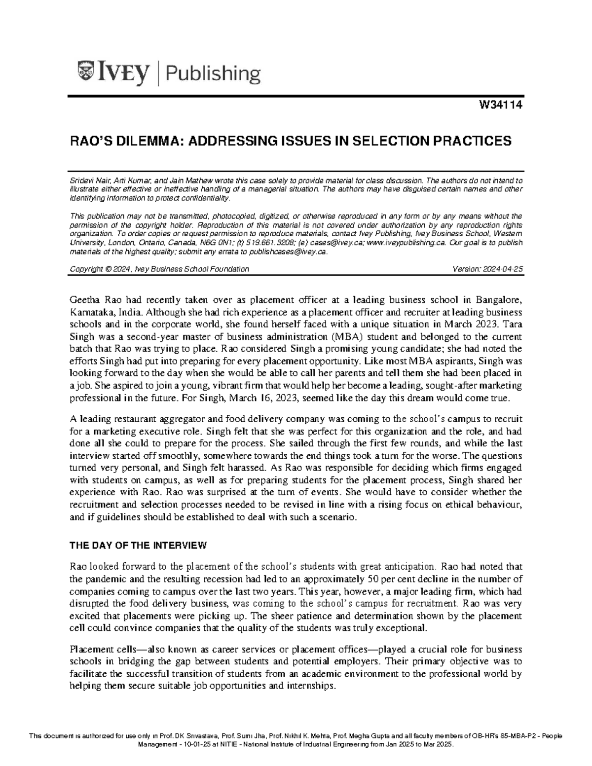 W34114 CASE STUDY: RAO'S DILEMMA IN SELECTION PRACTICES - Studocu