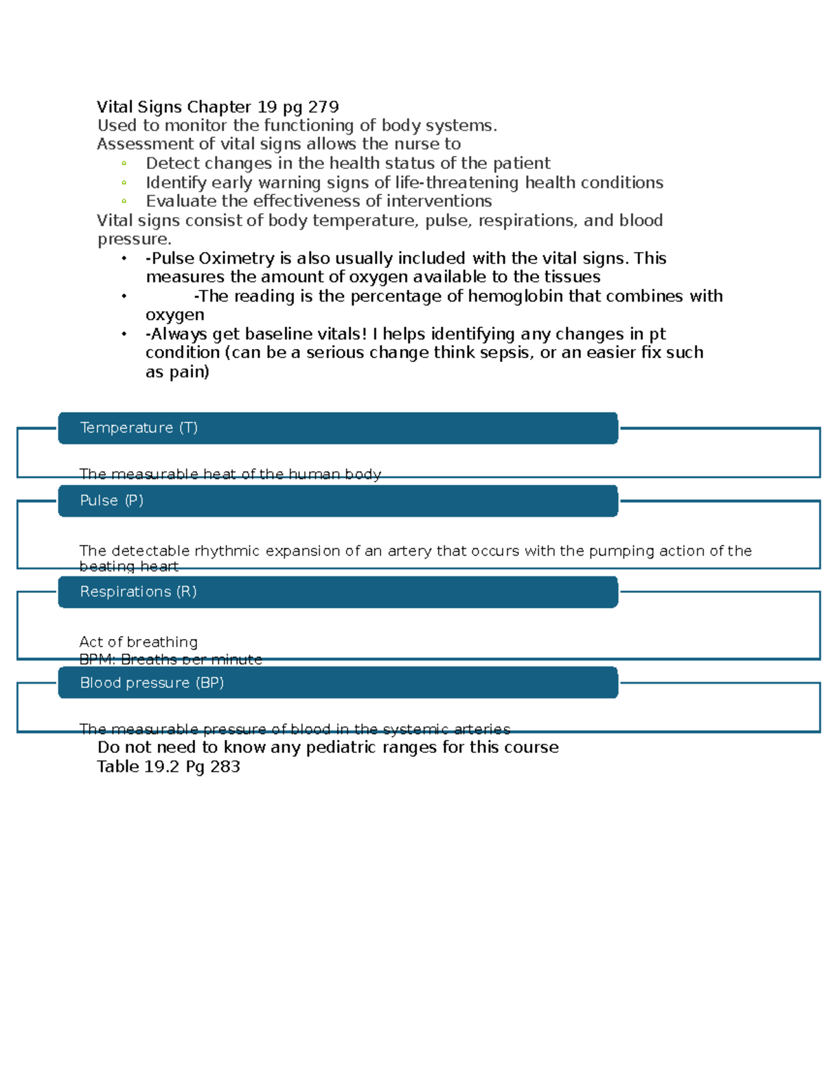 Vital Signs Assessment & Nursing Diagnosis (Chapter 19, Pg 279) - Studocu