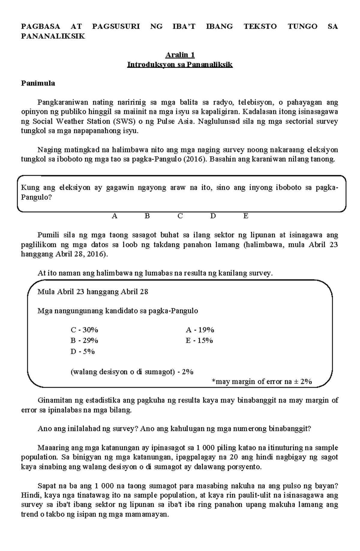 Pagsusuri at Pagbasa ng Iba’t Ibang Teksto: Pag-aaral sa Pananaliksik ...