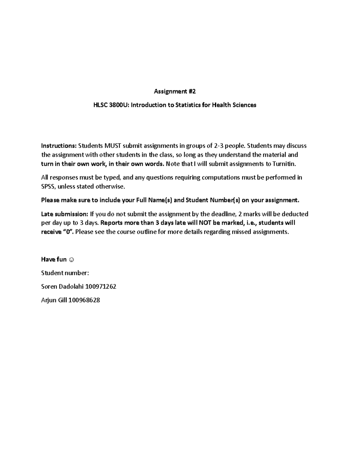 HLSC 3800U: Data Analysis Project Guidelines for Statistics Assignment ...
