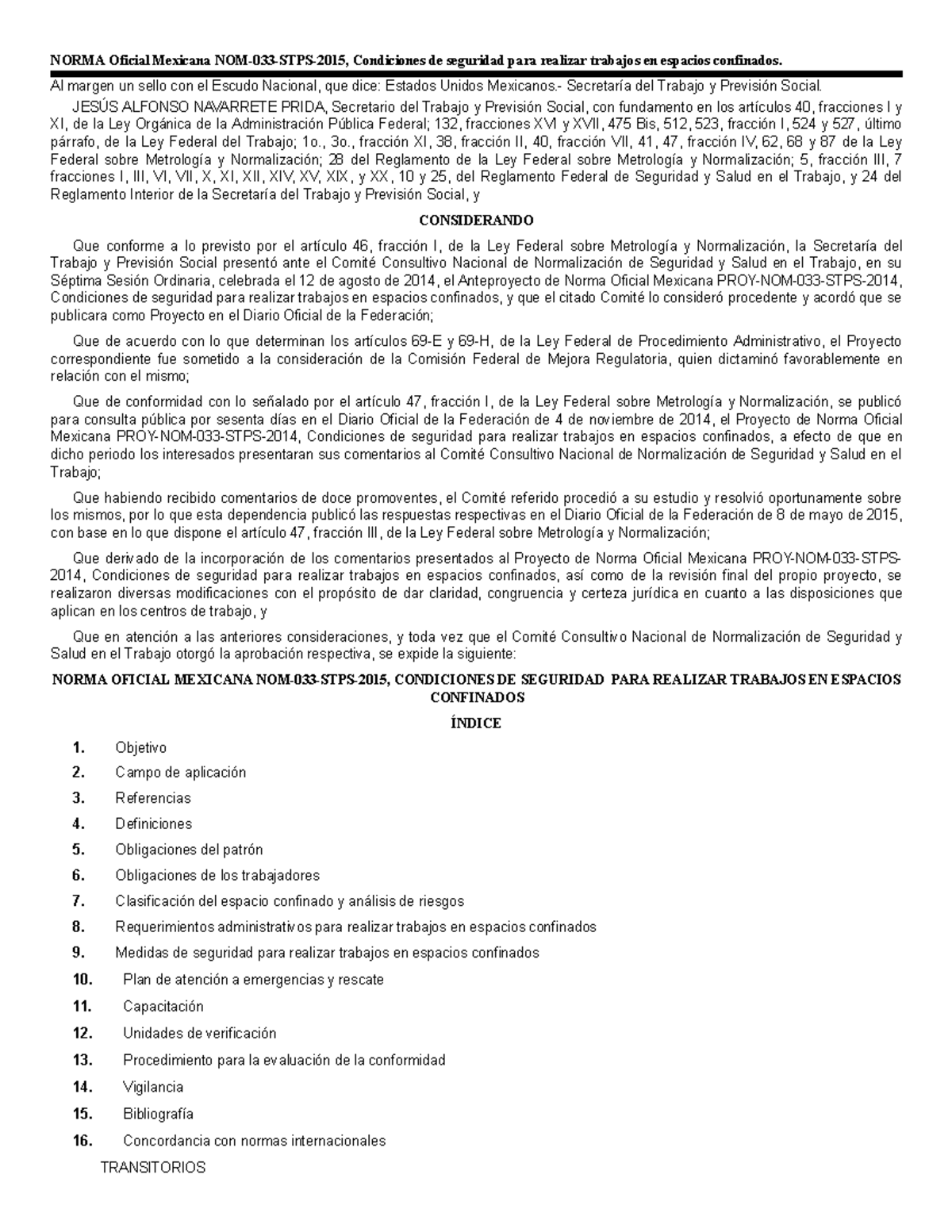 NOM-033-STPS-2015: Resumen de Seguridad en Espacios Confinados - Studocu