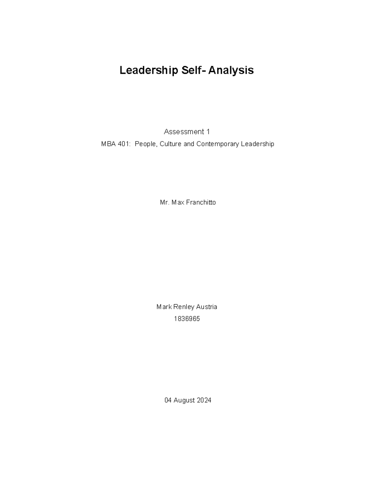 Leadership Analysis and Personality Reflection - MBA 401 Assessment 1 ...