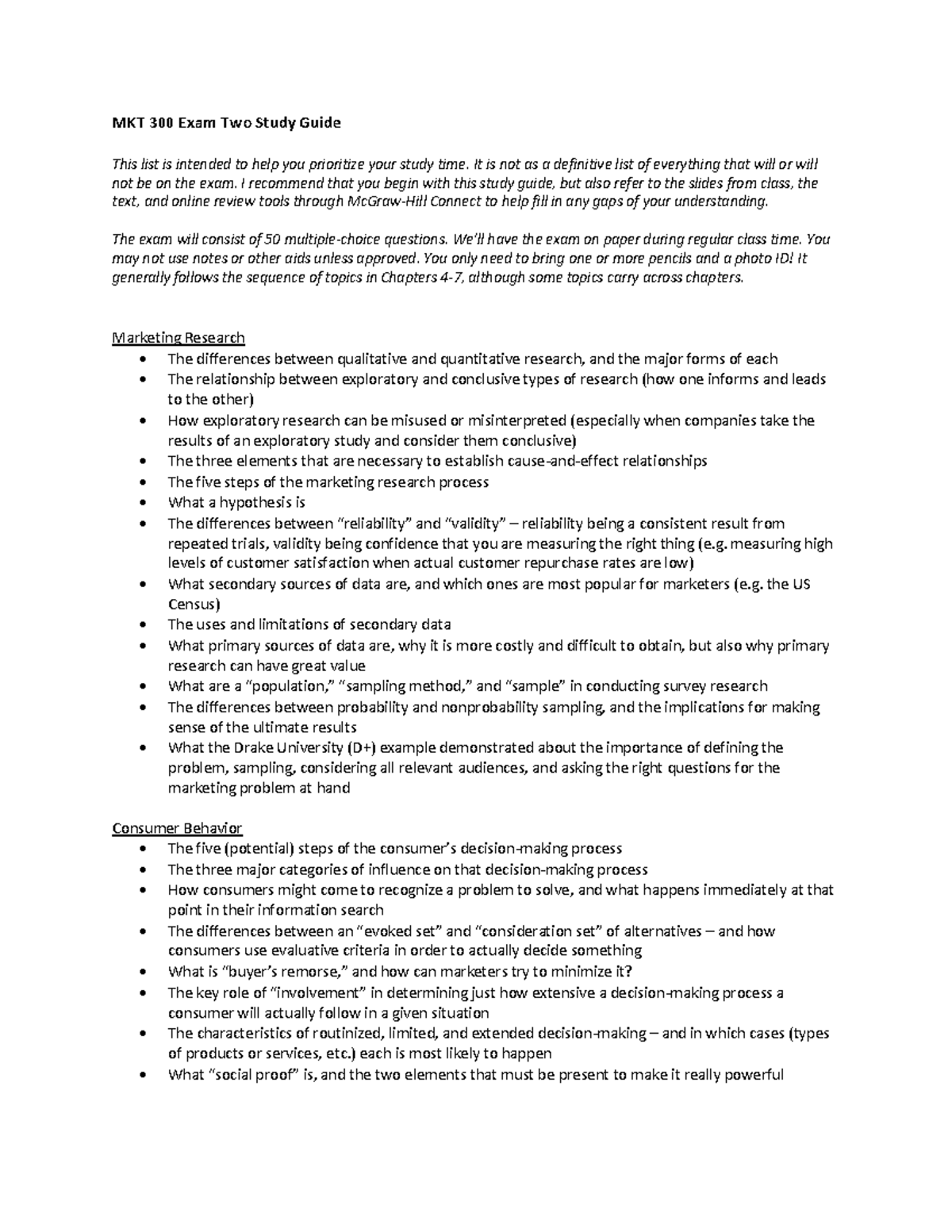 MKT 300 Exam II Study Guide: Key Concepts in Consumer Behavior & Research - Studocu