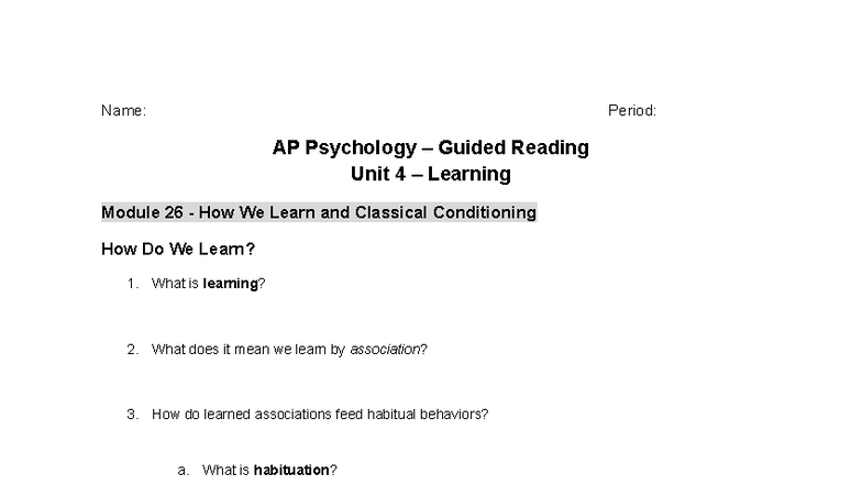 AP Psychology: Guided Reading on Learning, Conditioning, and Behavior ...
