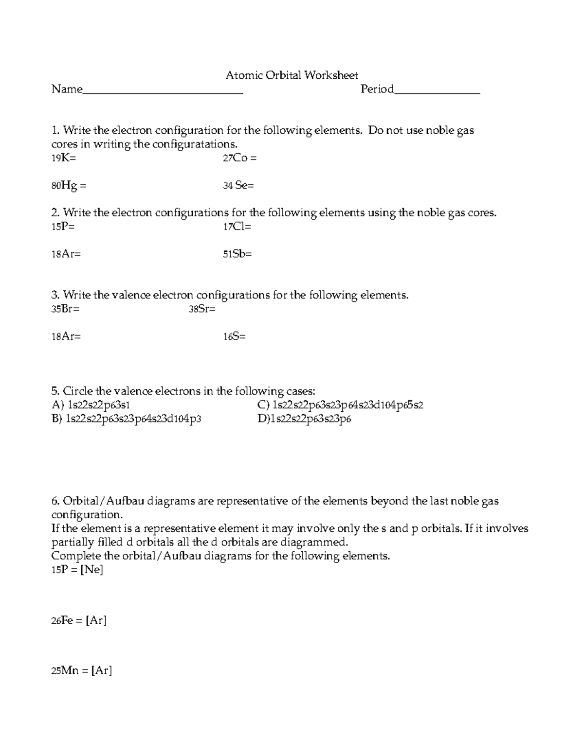 Atomic Orbital Worksheet: Electron Configurations & Valence Electrons ...