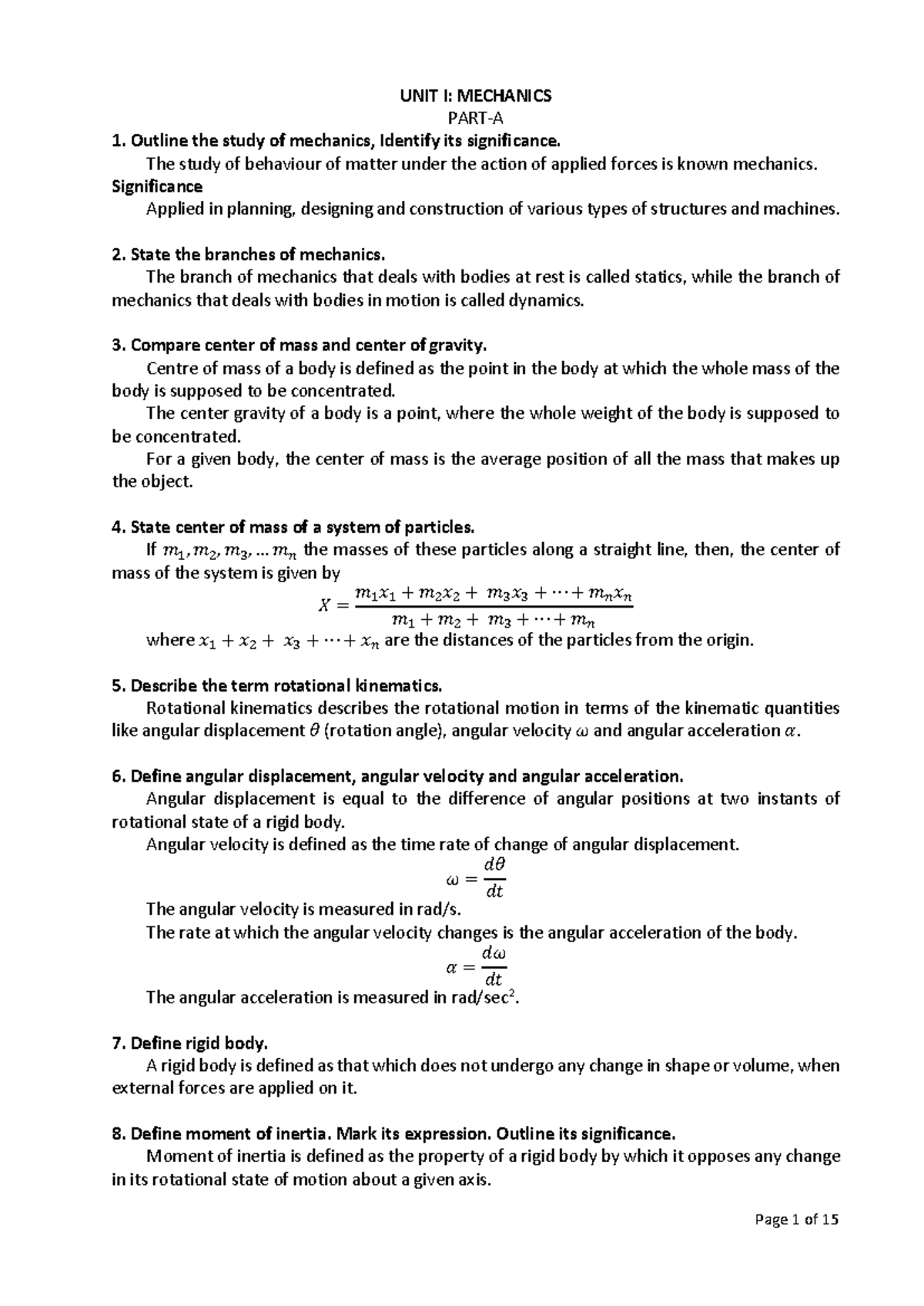 Unit 1 - Mechanics: 1st Semester Physics Notes for All Departments ...