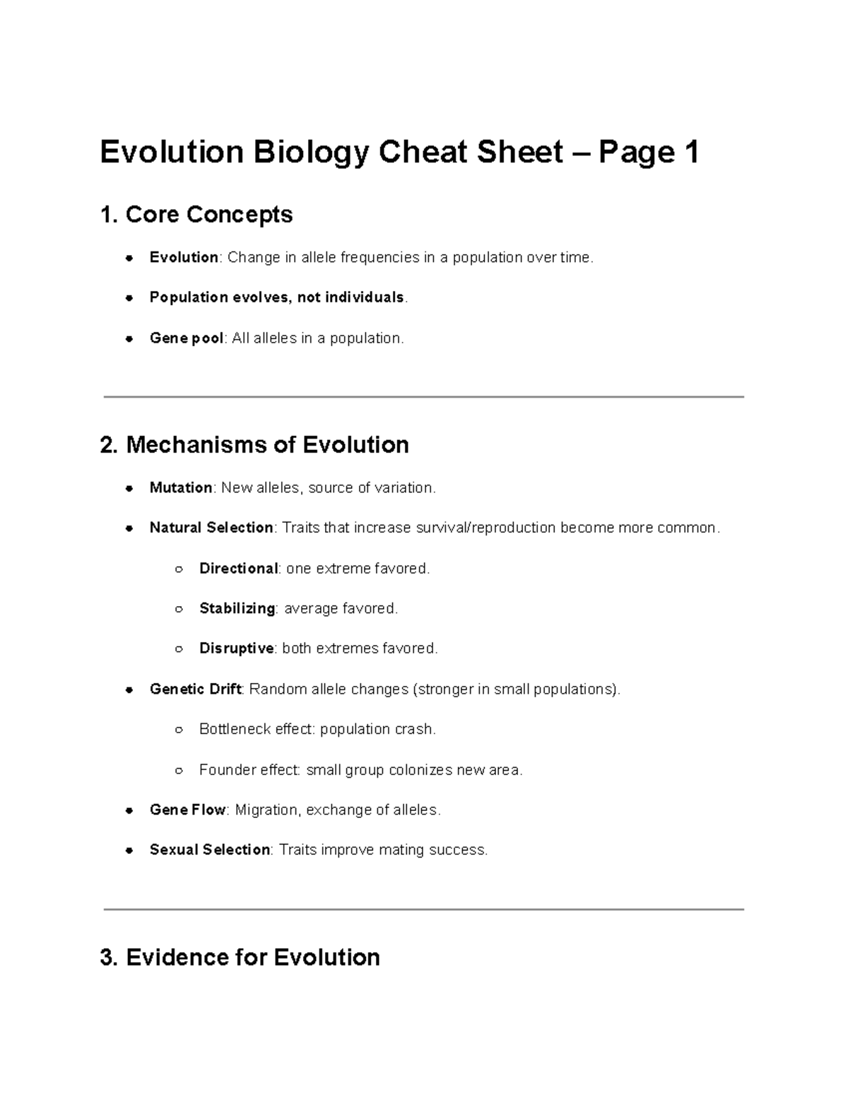 Bio 101: Evolution Biology Cheat Sheet & Key Concepts - Studocu