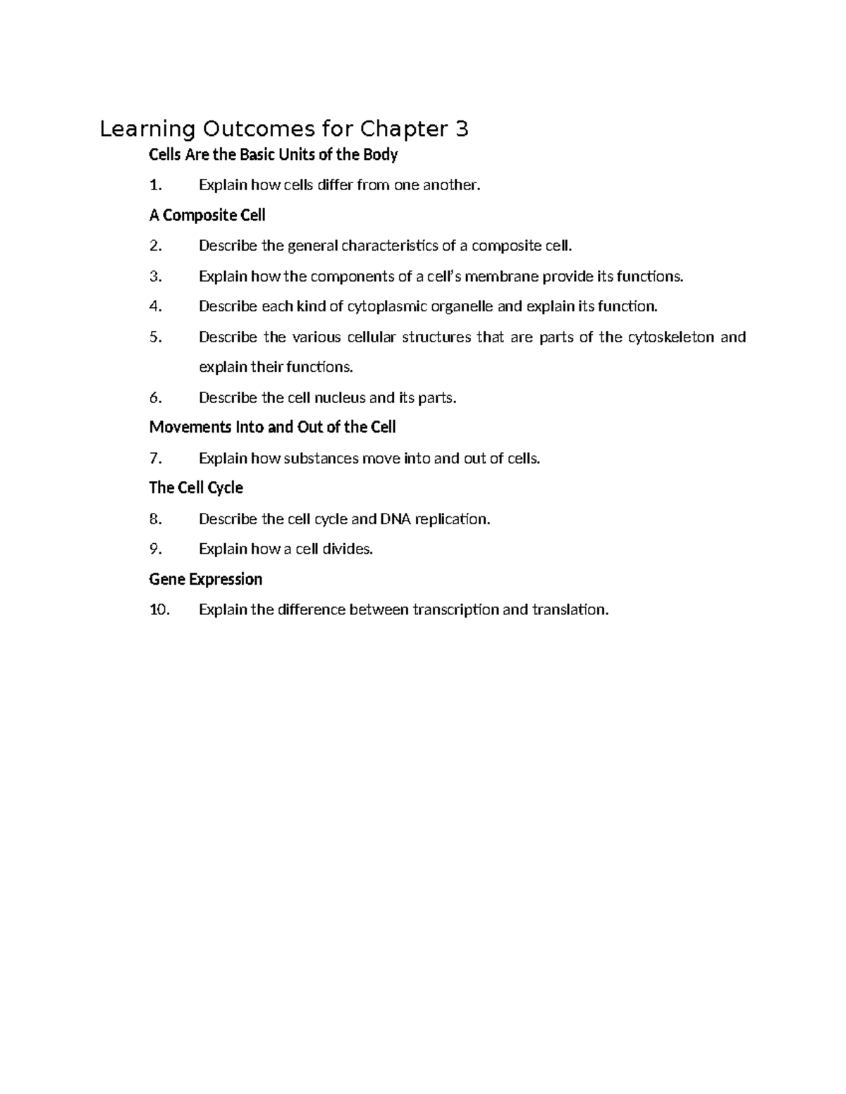 Learning Outcomes for Chapter 3: Cells & Their Functions - Studocu