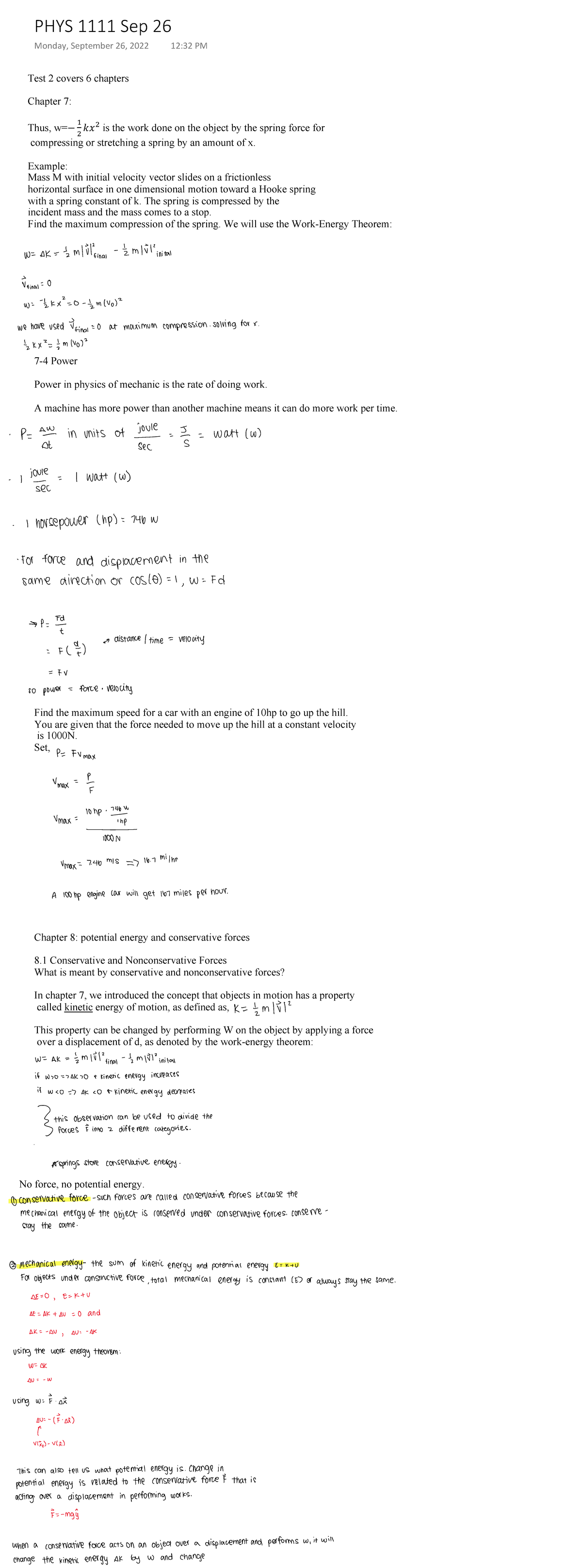 PHYS 1111 Test 2 Overview: Work, Power, Potential Energy (Ch 7-8) - Studocu