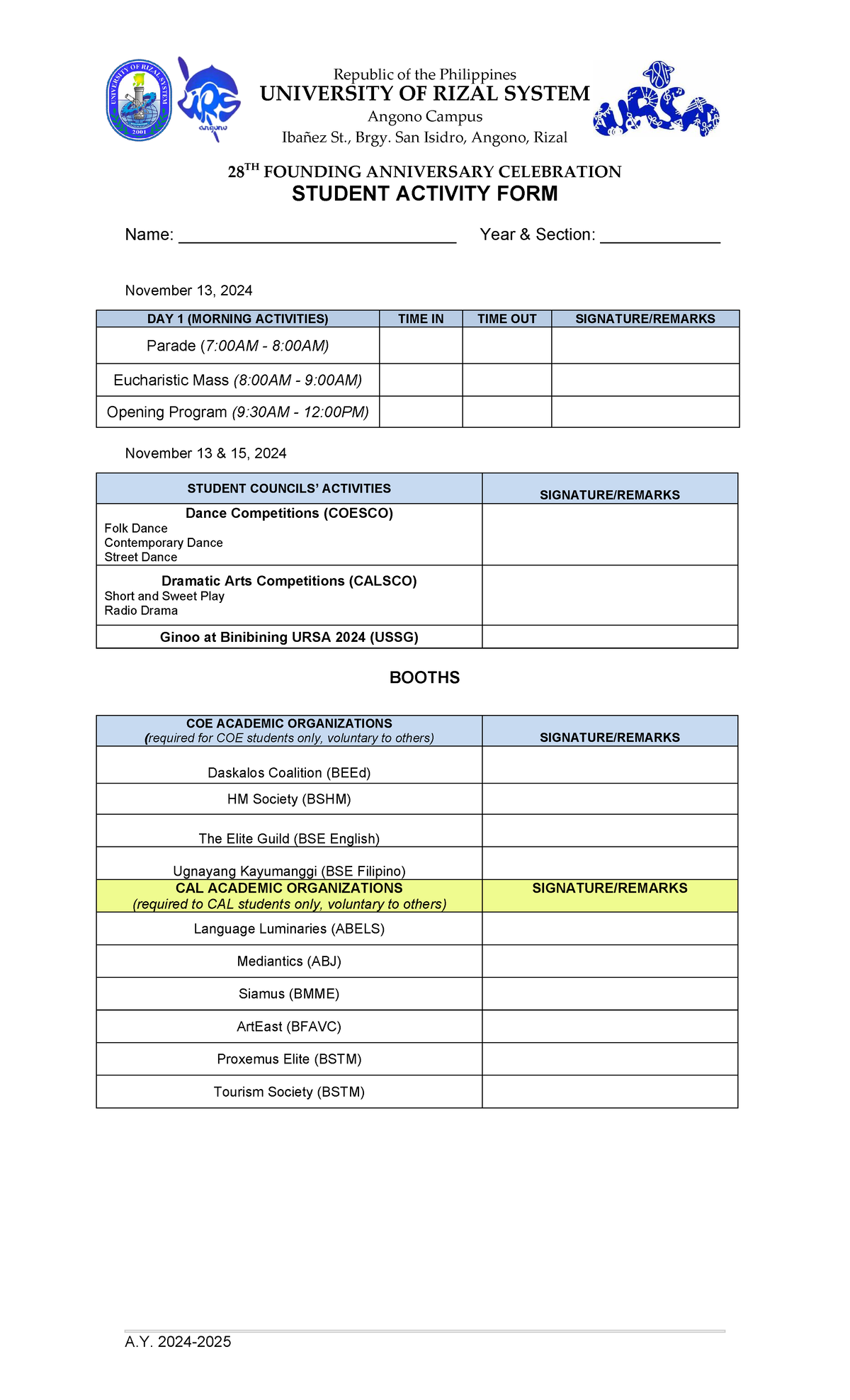 Student Activity Form for 28th Founding Anniversary Celebration - Studocu