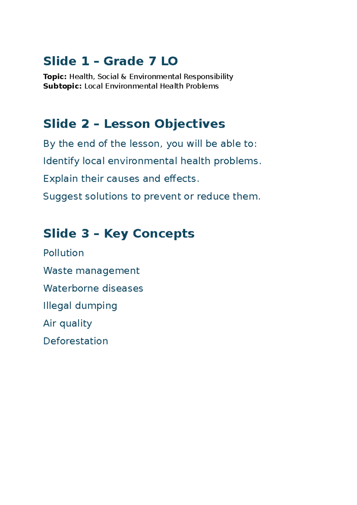 Grade 7 LO Lesson Plan: Local Environmental Health Issues - Studocu