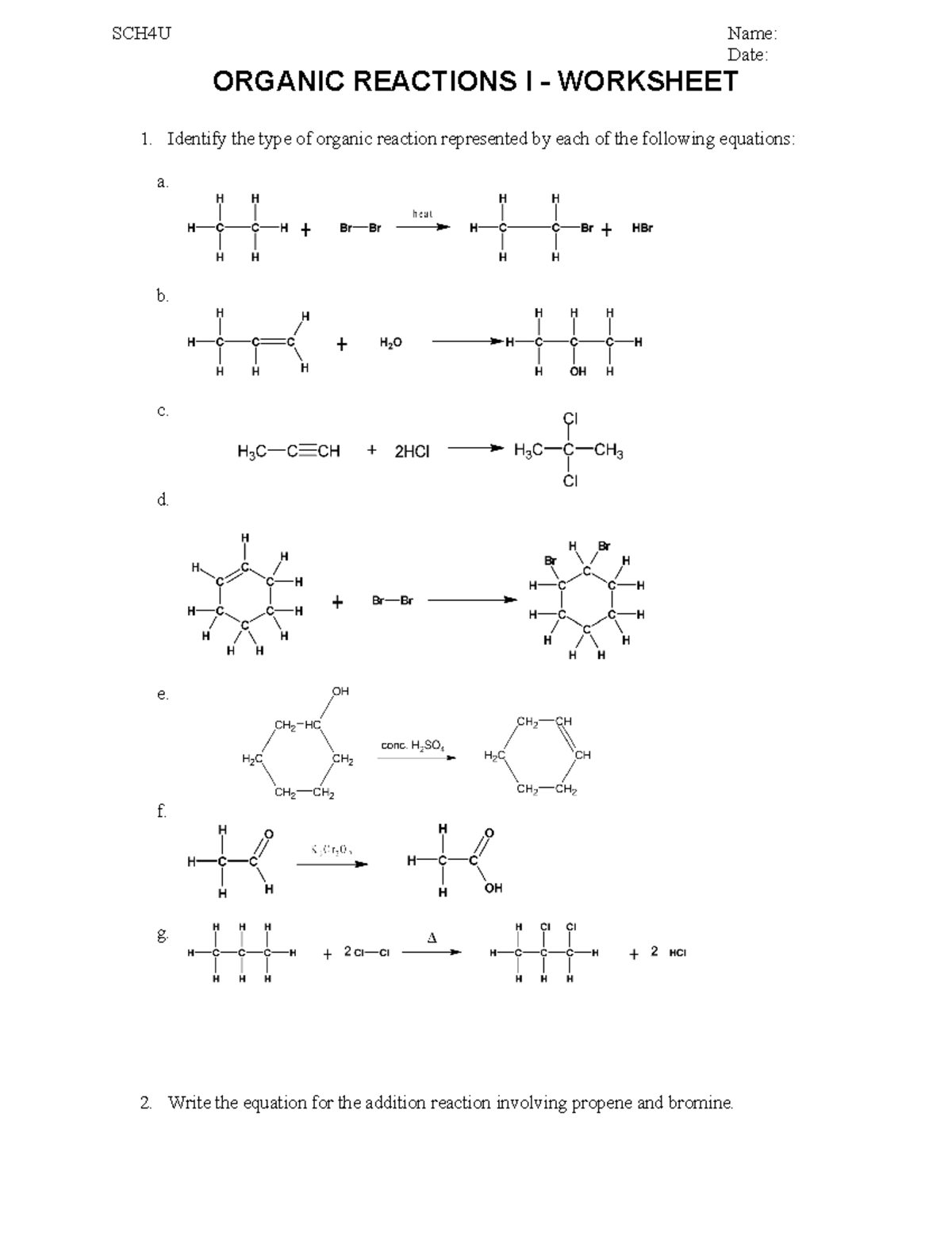 SCH4U Organic Reactions Worksheet: Types, Equations & Structures - Studocu