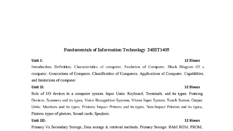 Fundamentals of Information Technology 24BIT1405 Syllabus Overview ...