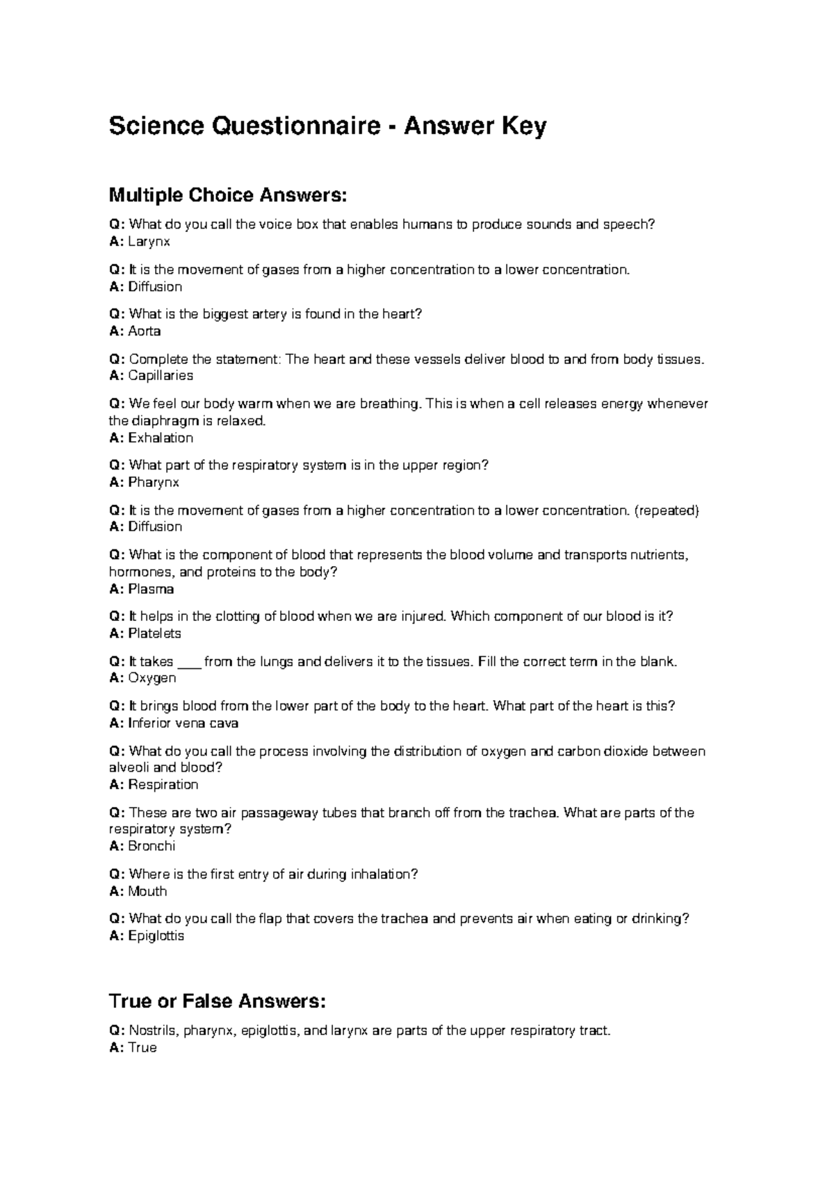 Science Questionnaire Answer Key: MCQ & True/False Responses - Studocu