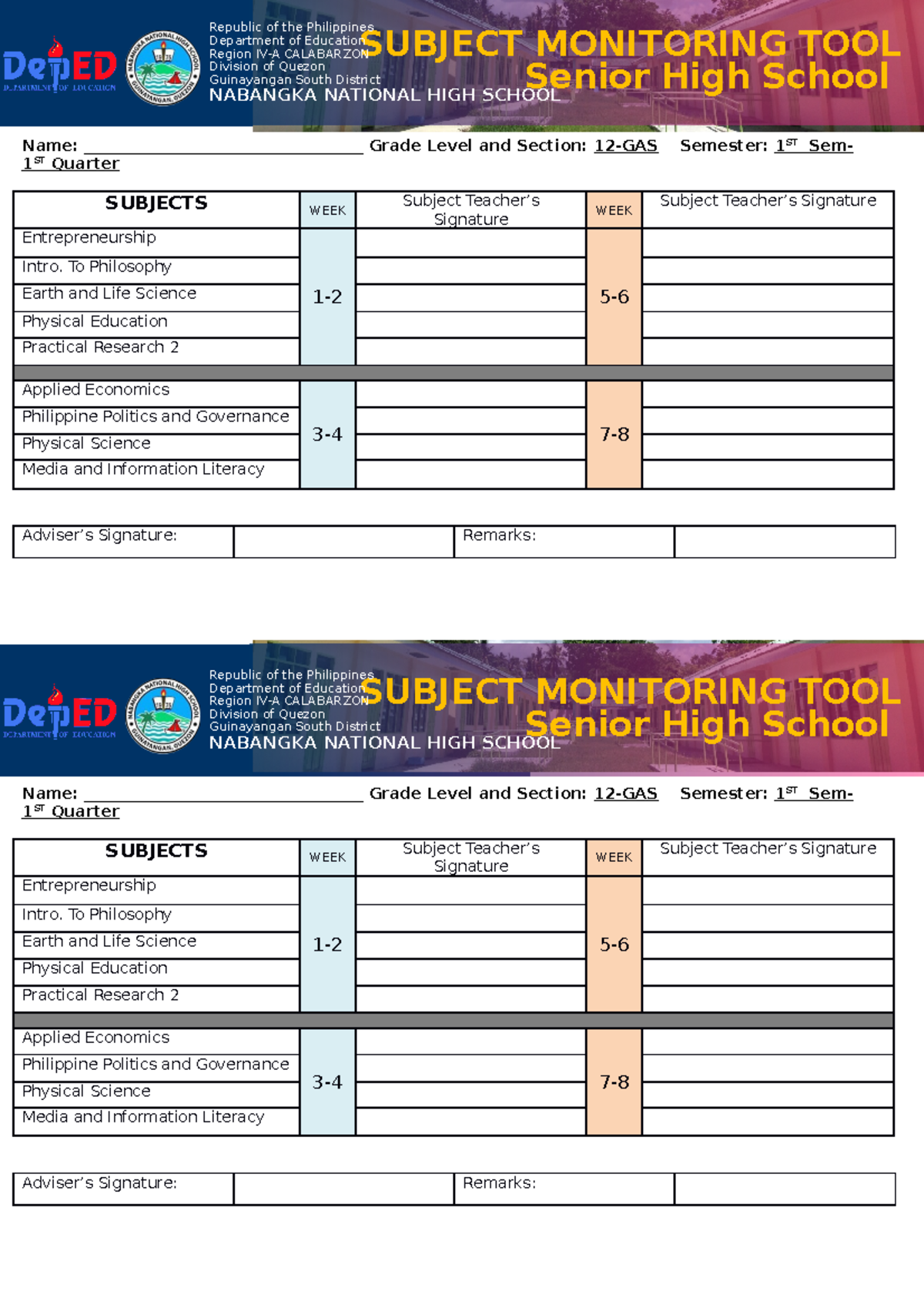 Clearance-GAS-12 - Senior High School Subject Monitoring Tool - Studocu
