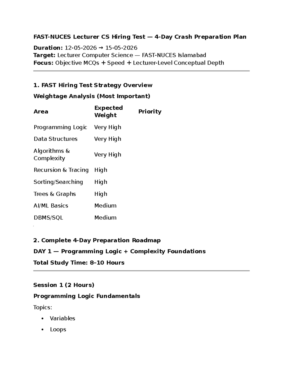 FAST Lecturer CS Hiring Test Crash Prep Plan: MCQs & Strategies - Studocu