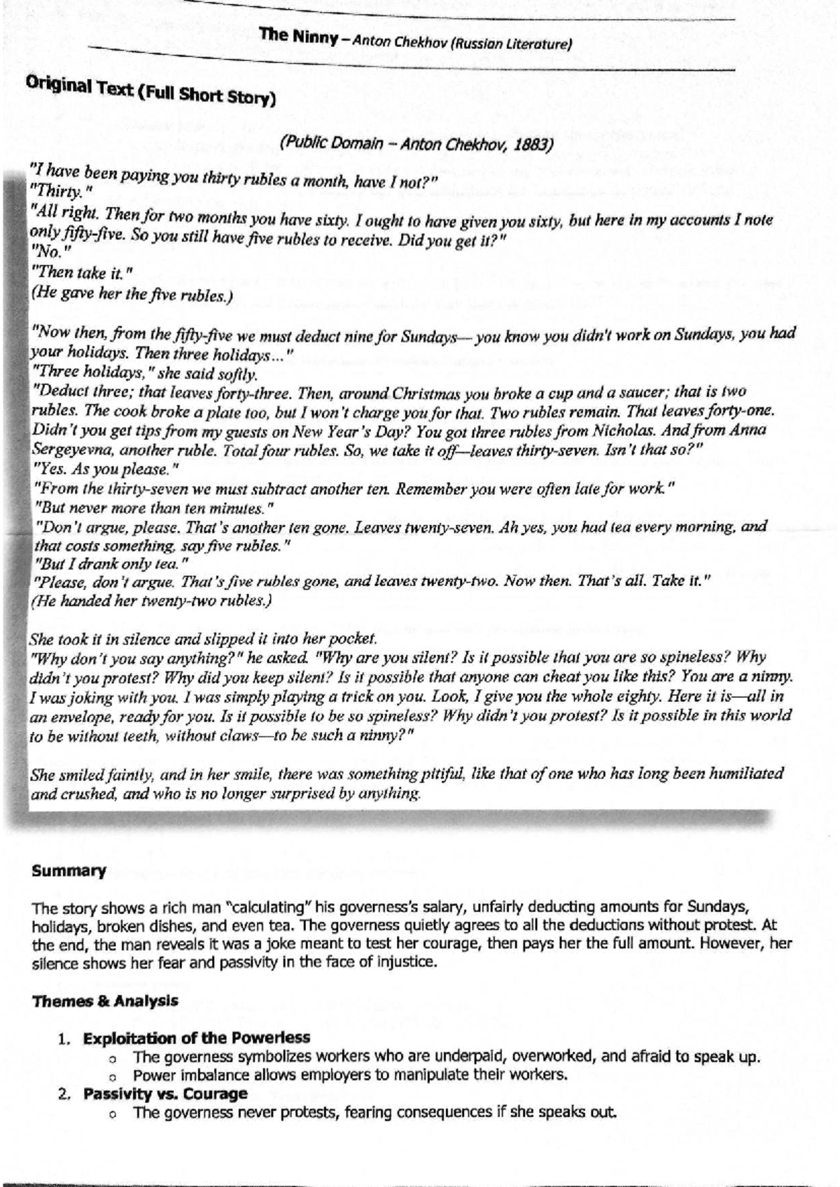 Ninny: A Study of Chekhov's Themes in Russian Literature (RUS 101 ...