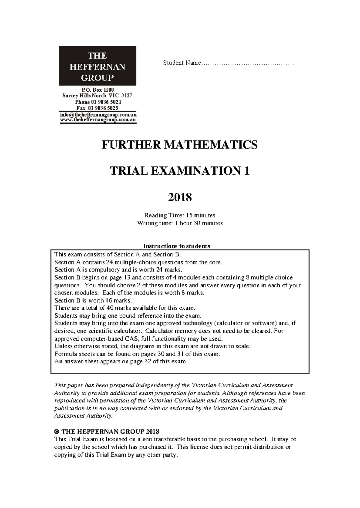2018 Further Mathematics Trial Exam 1 - Heffernan Group - Studocu