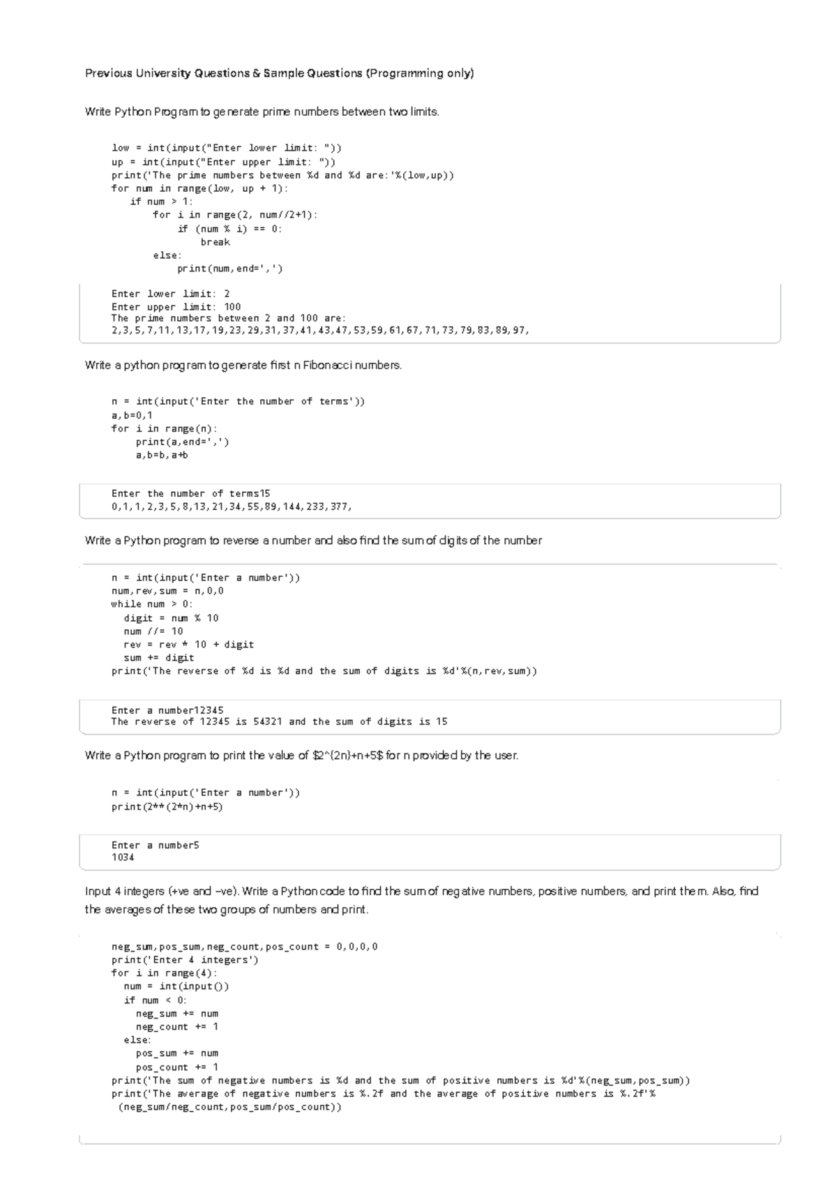 Python Programming Sample Questions (Module 1) - Studocu