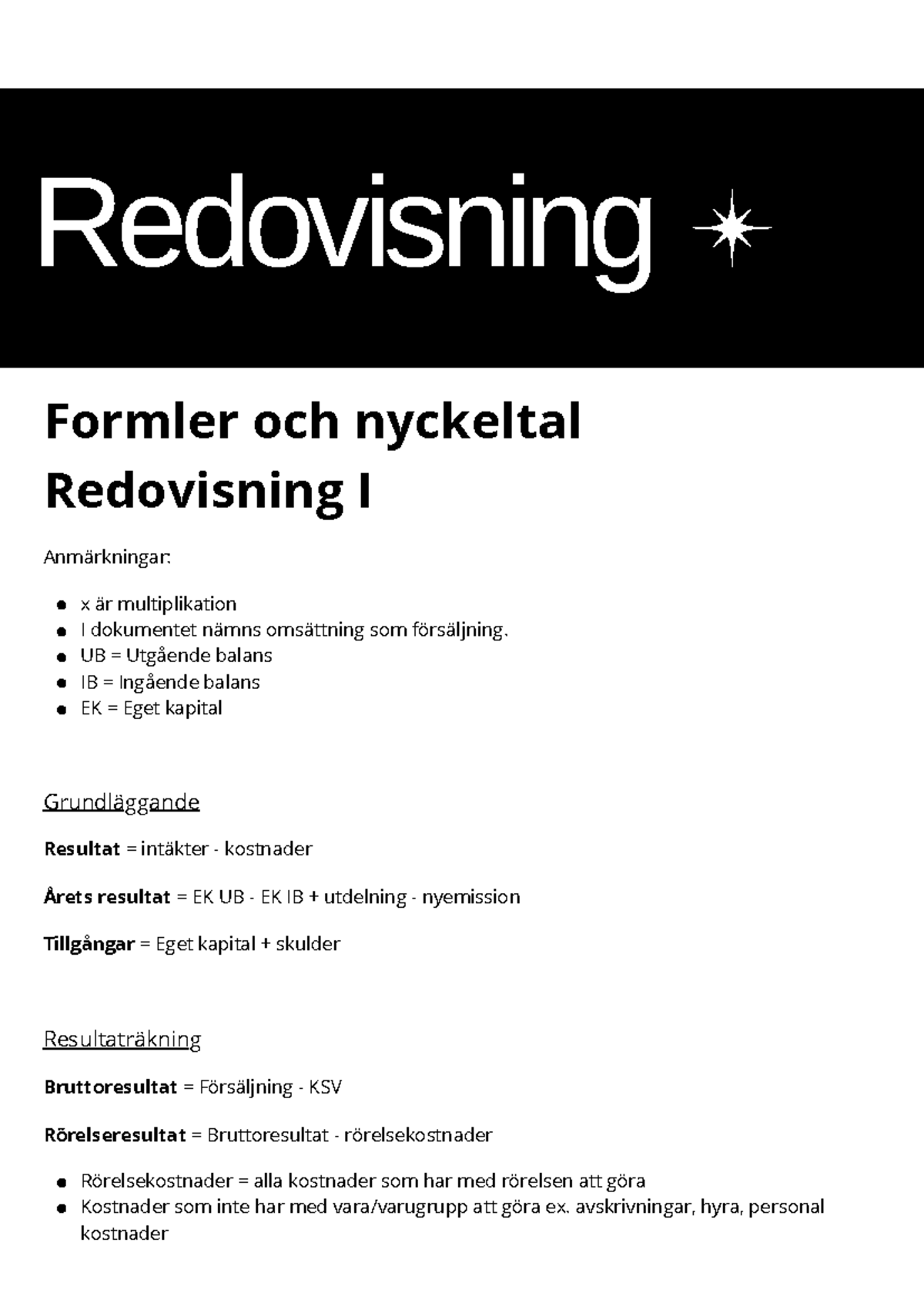 Formler och Nyckeltal för Redovisning I (REDA01) - Studocu