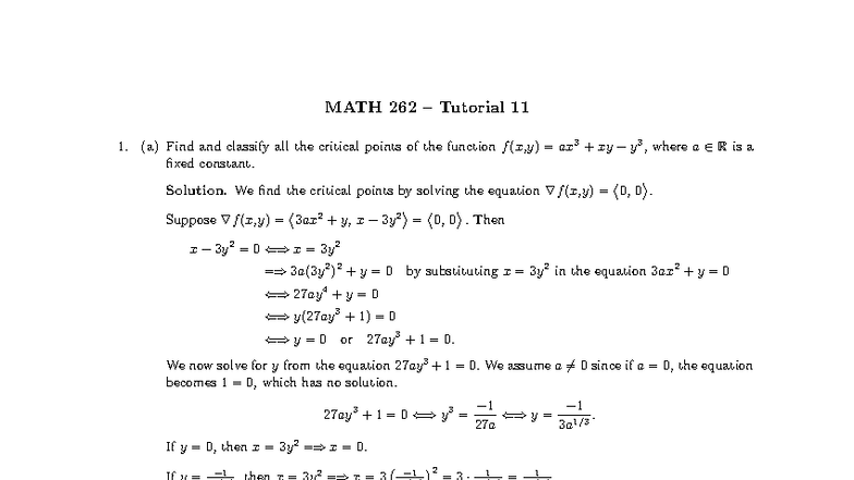MATH 262 Tutorial 11: Critical Points and Extrema Analysis - Studocu