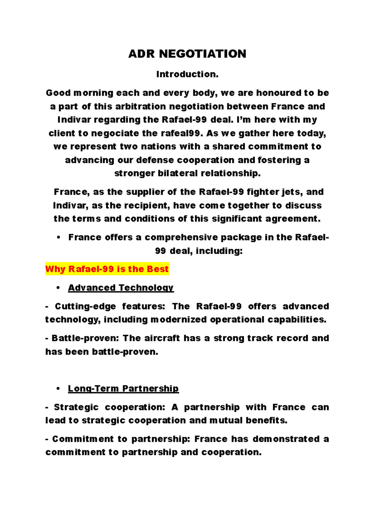 ADR Negotiation Overview: France vs. Indivar on Rafael99 Deal - Studocu