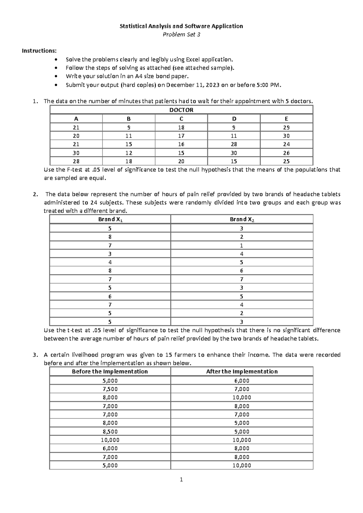 Stat-ANLYS-SS-APPL Prob-Sets 3: Stat Tests w/ Excel Solutions - Studocu