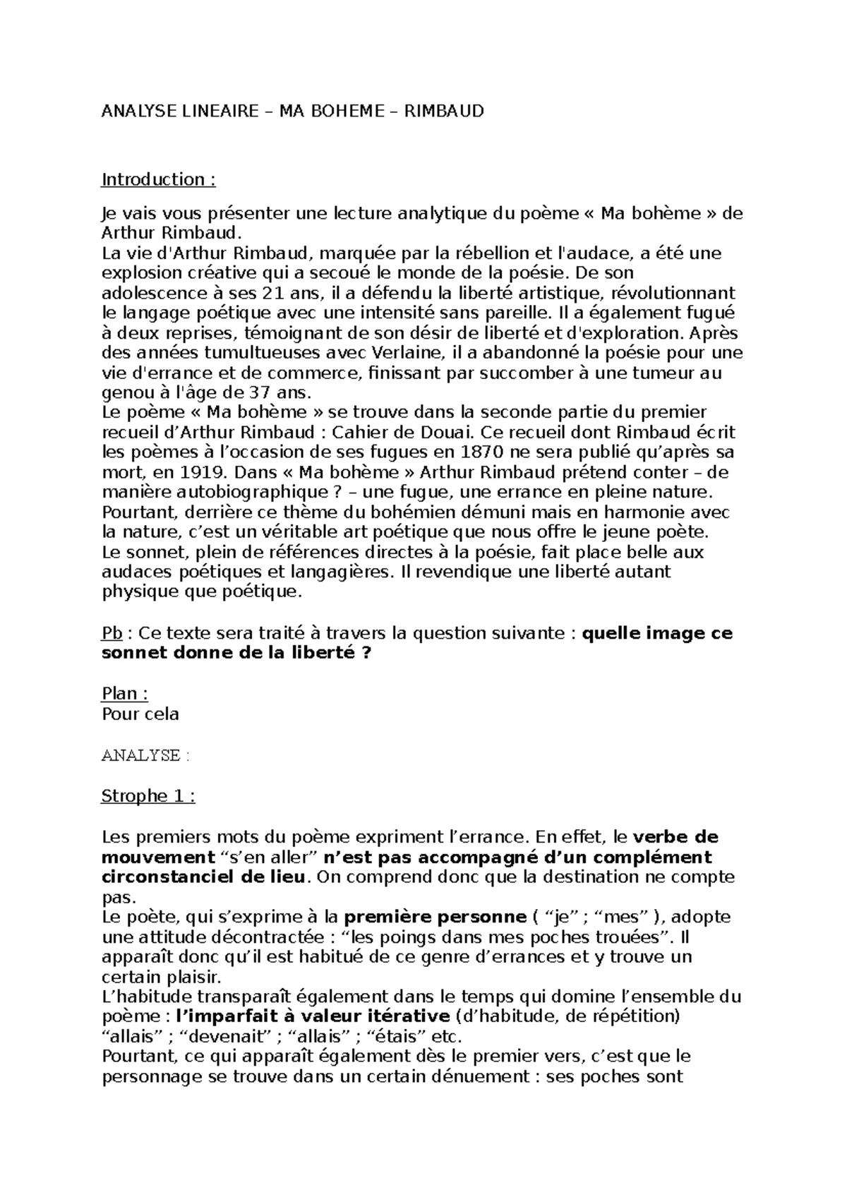 Analyse linéaire : Ma Bohème de Rimbaud - Liberté et Inspiration Poétique - Studocu