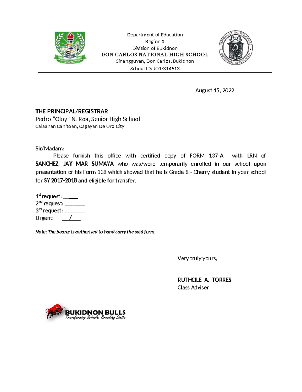Request Form for Certified Copy of FORM 137-A - Jay Mar Sanchez - Studocu