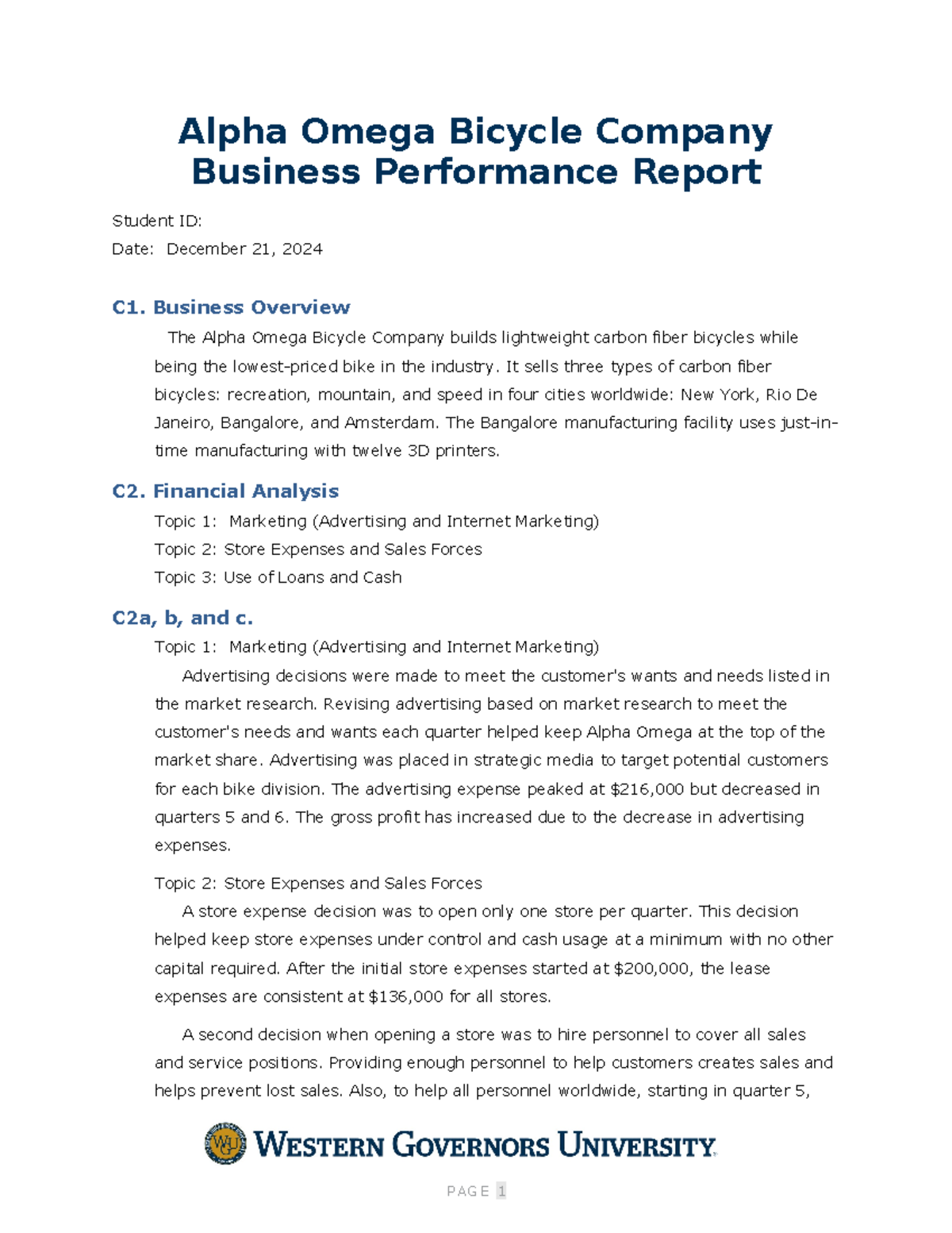 D361 Task 1 - Passed 1st attempt - Alpha Omega Bicycle Company Business ...